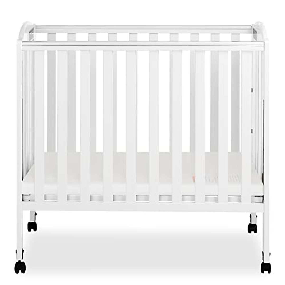 Dream On Me 3 in 1 Portable Folding Stationary Side Crib in White, Greenguard Gold Certified, Safety Wheel with Locking Casters, Convertible, 3 Mattress Heights