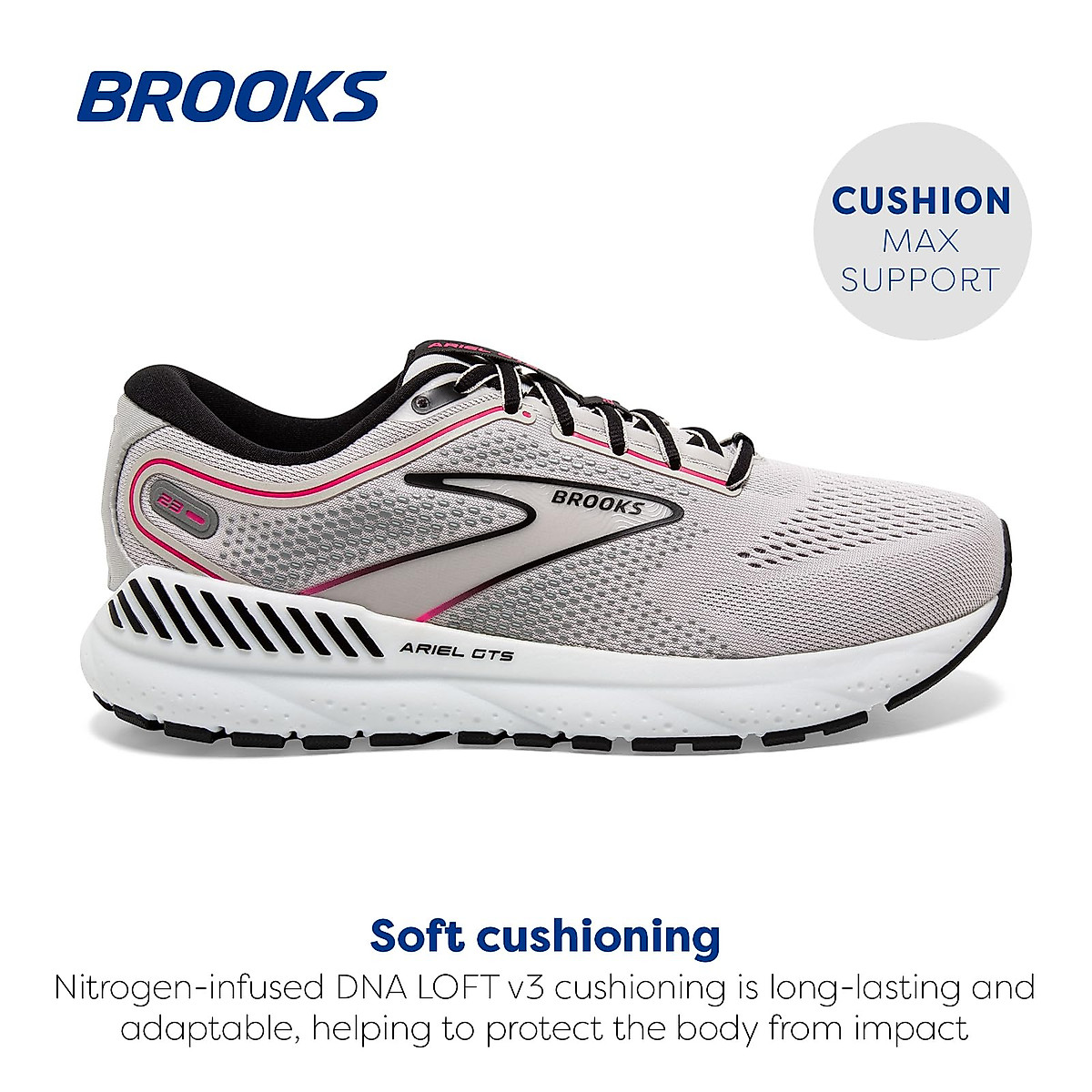 Brooks Women’s Ariel GTS 23 Supportive Running Shoe - Grey/Black/Pink - 8 Medium
