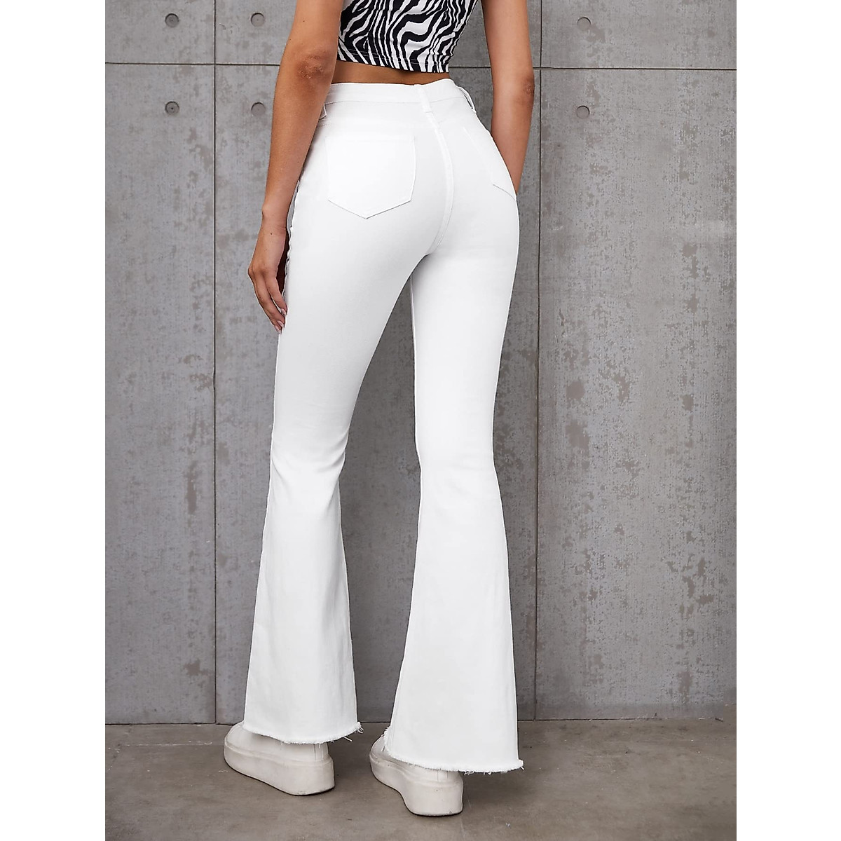 SweatyRocks Women's Casual High Waisted Flare Leg Jeans Raw Hem Bell Bottom Denim Pants White XS