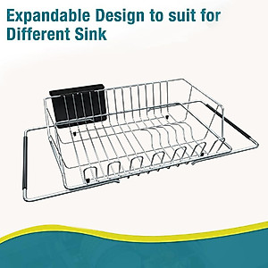 DOLRIS Dish Drying Rack, Dish Drainer for Kitchen Counter, SUS304 Stainless Steel Dish Rack with Utensil Holder and Dish Drying Mat, Silver