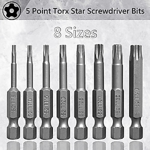 SKZIRI 8Pcs 5 Point Torx Star Security Screwdriver Bits Set Magnetic Tamper Proof T8-T40 1/4" Hex Shank