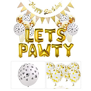 Dreamcolor Dog Happy Birthday Decorations Lets Pawty Balloon Dog Cat Party Banner (Gold)