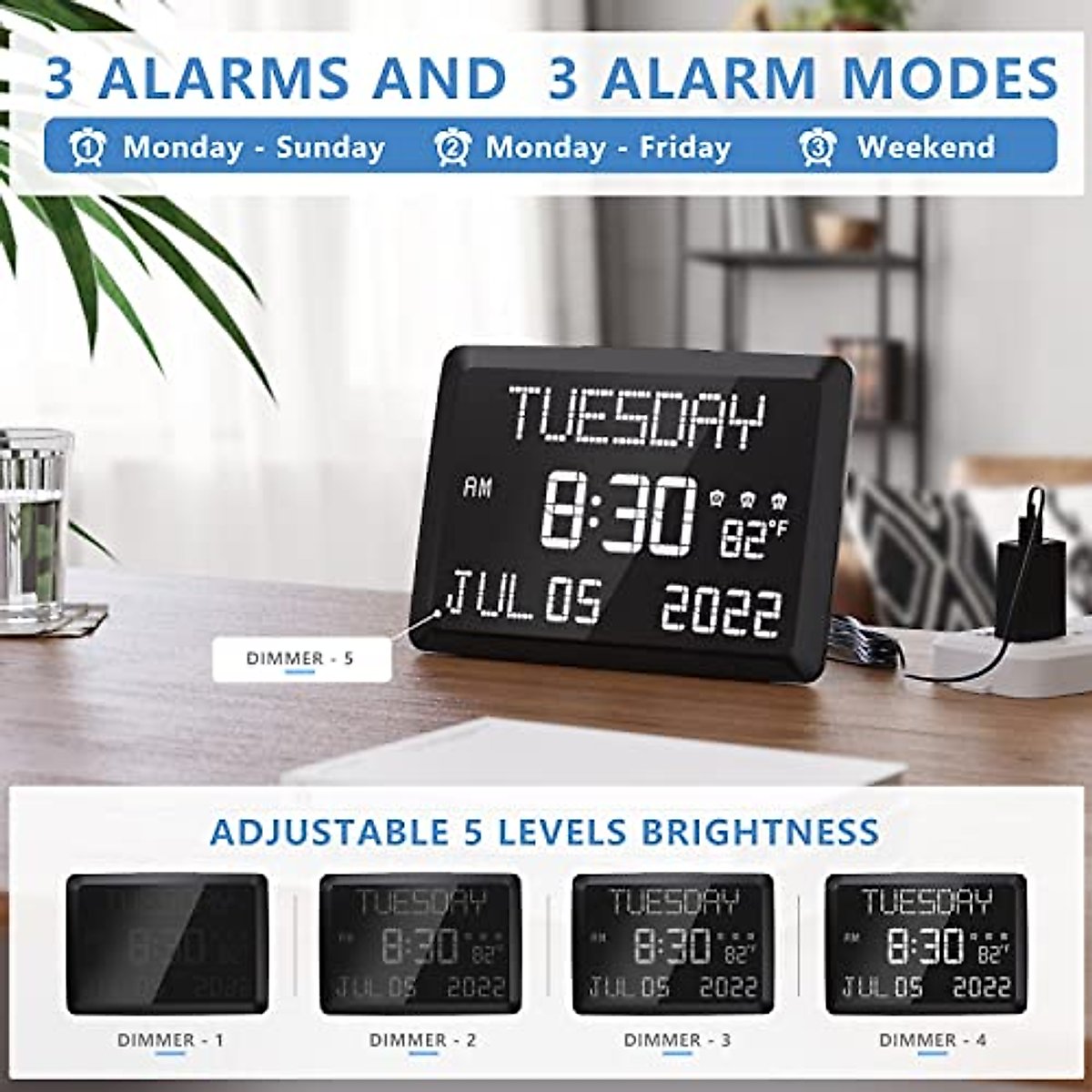 Raynic Digital Clock, 11.5" Large LED Word Display Dimmable Digital Wall Clock,Adjustable Brightness Digital Alarm Clock with Day and Date,Indoor Temperature,Snooze,12/24H,DST for Home, Office,Elderly