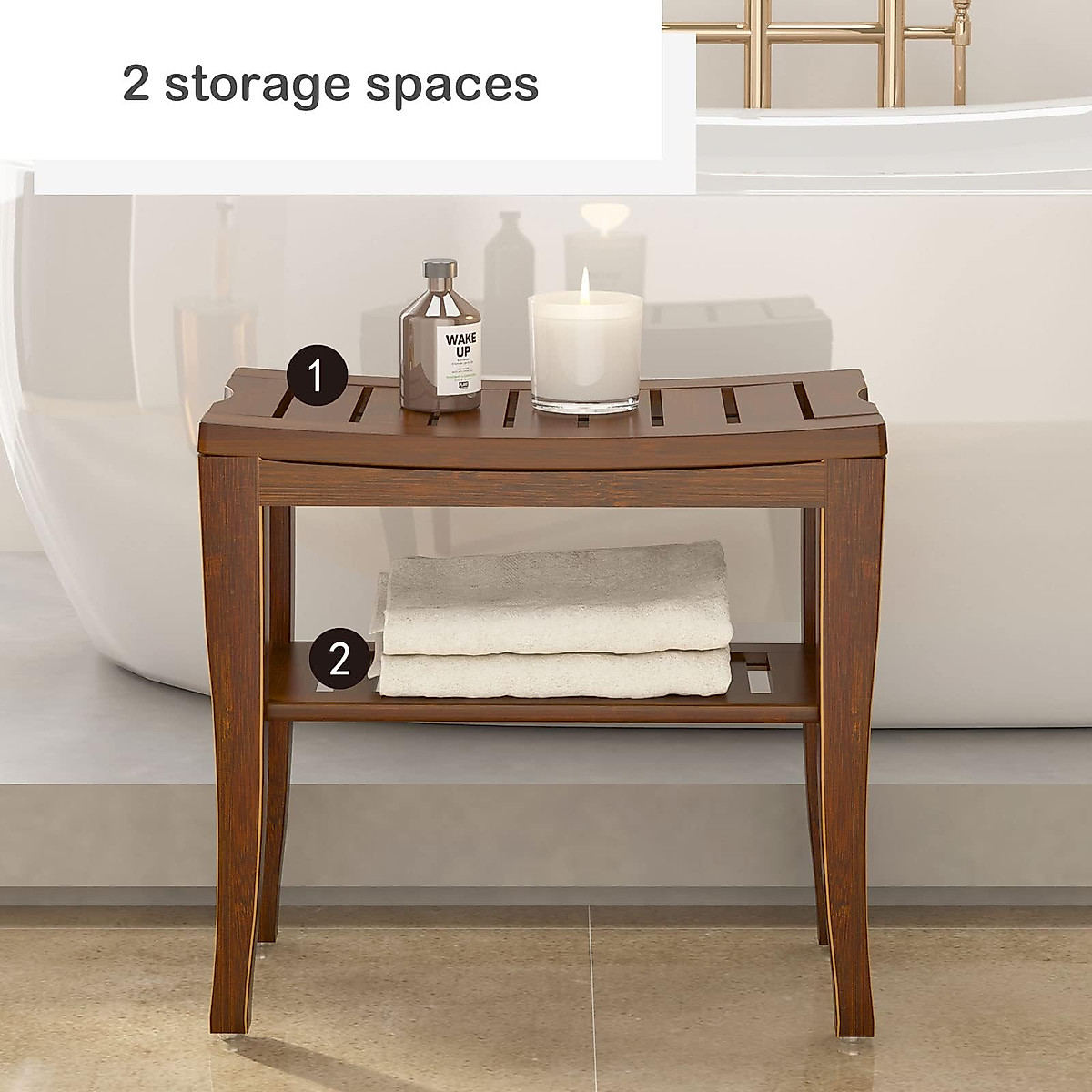 SogesPower Bamboo Shower Bench Bathroom Spa Bench Shower Seat Shower Bench Waterproof Storage Shelf, Walut