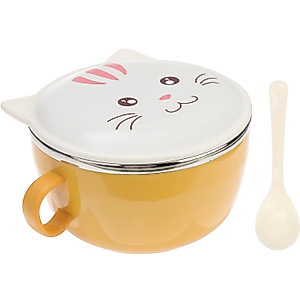 Hemoton Stainless Steel Noodle Bowl with Lid Cartoon Cat Bowl Instant Noodle Bowl Insulated Ramen Bowl Pasta Bowl Kitchen Tableware Yellow