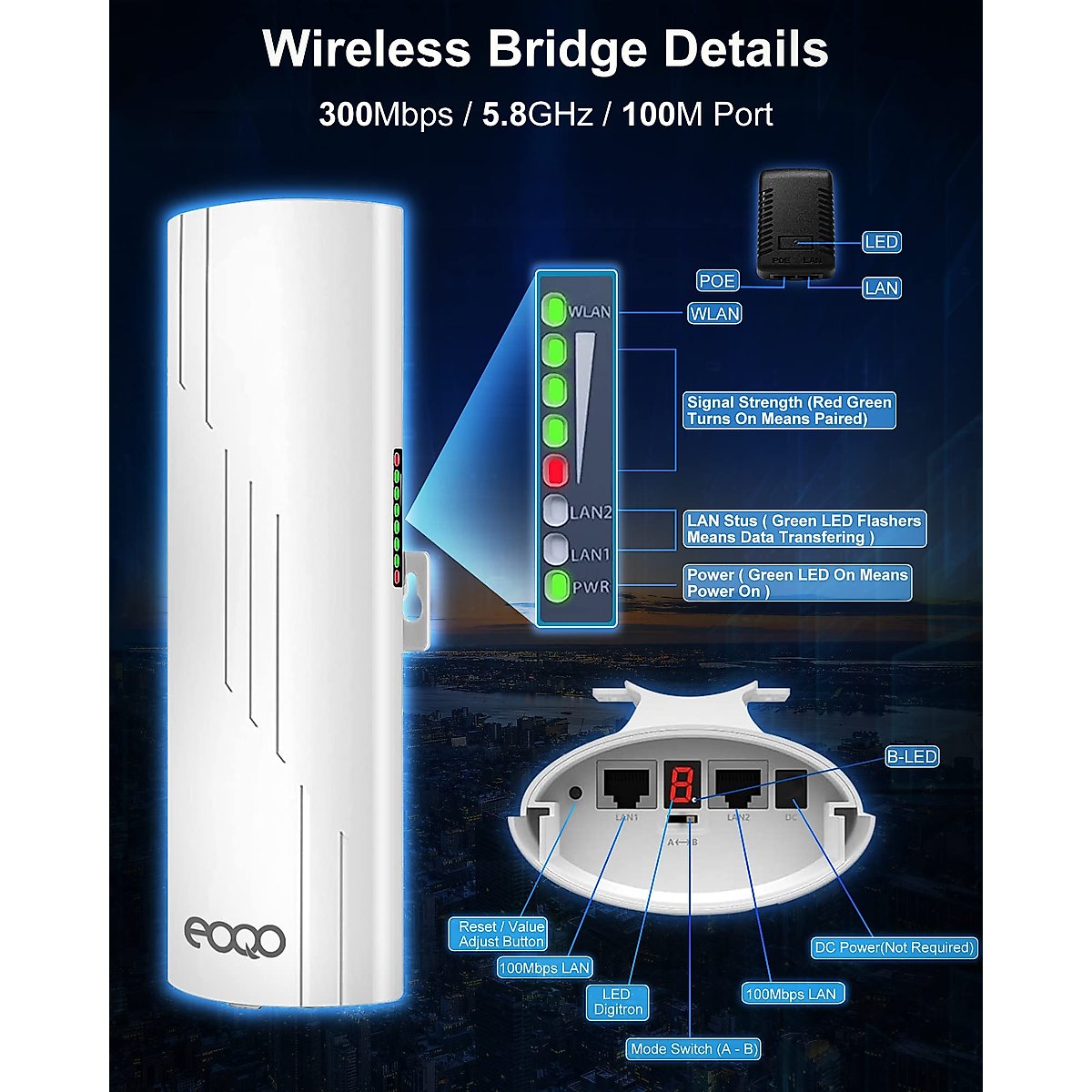 Wireless Bridge Point to Point Outdoor for Starlink Satellite Internet Extension, 5.8GHz 100Mbps Starlink WiFi Extender,Outdoor Access Point, 3KM Ethernet Bridge with 2 RJ45 LAN Port 2-Pack