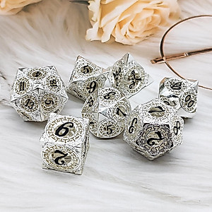 Metal Dice Set 7pcs DND - Table Game RPG Hollow Dice Silver and Black, with Metal Gift Box, Suitable for Dungeon and Dragon D&D MTG, Math Teaching, Polyhedron D4 D6 D8 D10 D10％ D20