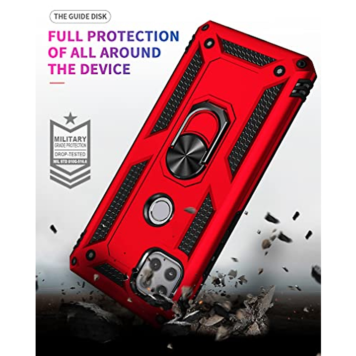 YZOK Compatible with Motorola One 5G Ace Phone Case,with HD Screen Protector,[Military Grade] Ring Car Mount Kickstand Hybrid Hard PC Soft TPU Shockproof Protective Case for Moto One 5G Ace (Red)