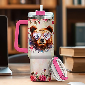 Mama Bear Rose Floral Color, Tumbler 40 Oz With Handle Lid And Straw, Cup Be Mommy Camelia For Nutrition Flower Funny Mother Day Quartz Handle Eleven Red, Mama Bear Gifts