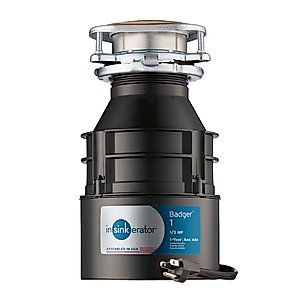 InSinkErator Garbage Disposal with Cord, Badger 1, 1/3 HP Continuous Feed & DWC-00 Dishwasher Connector Kit