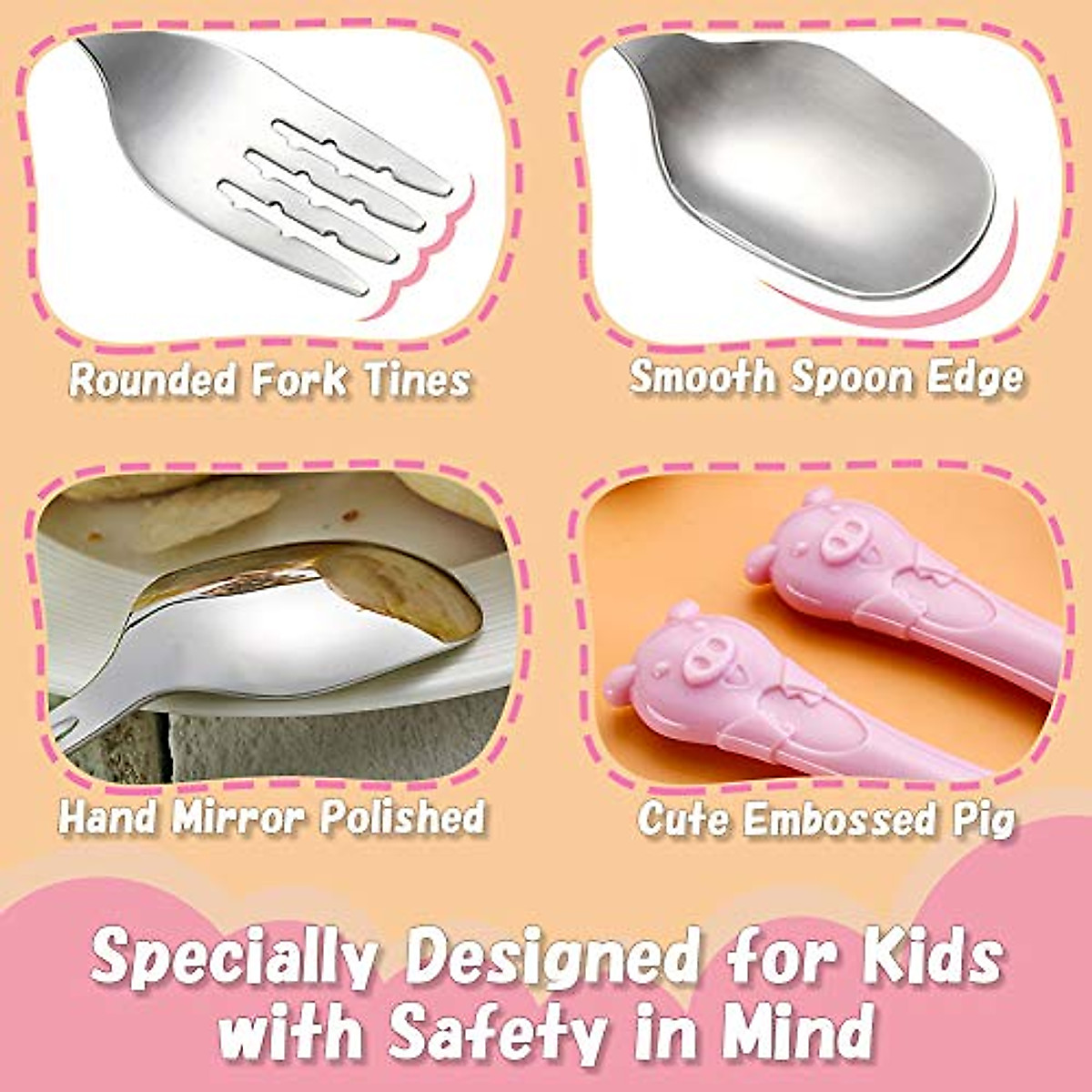 Toddler Utensils Kids Spoon and Fork Set 18/8 Stainless Steel Silverware BPA Free Cute Pig Child Flatware with Travel Case for Age 3+