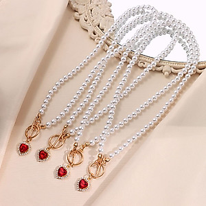 Asphire Vintage Pearl Necklace with Ruby Heart Pendant Elegant Bridal Crystal Gem Necklace Toggle Clasp Choker Necklace for Women Wedding Festival Gift