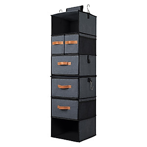 BinWhiz 12.6x12.6x44.1 Inch Hanging Closet Organizer and Storage Shelves, 6-Tier Shelf Clothes Organizers Bins with Drawers and Hooks for Closet Wardrobe Organization and Storage - Gray