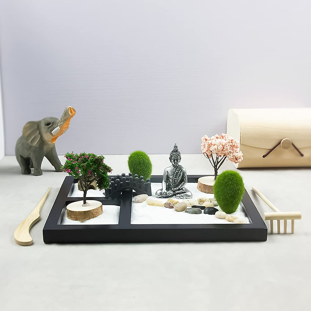 KVMORZE Zen Garden Kit, Japanese Zen Garden with White Sand, 2 Tools, 8 Zen Accessories, Tabletop Meditation Zen Garden for Home, Office, Yoga Decor, Gifts for Relaxation and Meditation, 8.5x6.9in