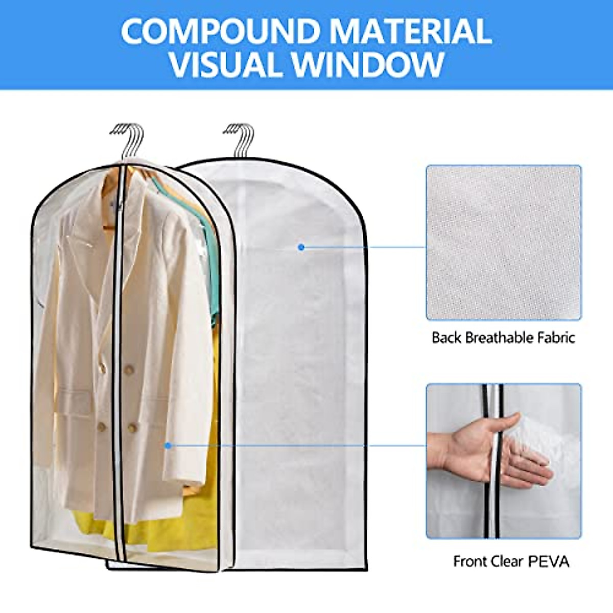 Mskitchen Hanging Clothes Bag with 4" Gusseted Garment Bag (Set of 3) for Storage Suit Bag for Closet Clear Garment Bags Dress Covers Garment Bags for Suits, Sweaters, Shirts - 24'' x 40"x4''/ 3 Pack