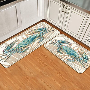 Kitchen Rugs Sets 2 Piece Floor Mats Sea Underwater Submarine Blue Crab Durable Doormat Nautical Ocean Animal Area Rugs Washable Runner Carpet Set Non Slip Fantastic Crab Design Kitchen Rugs and Mats