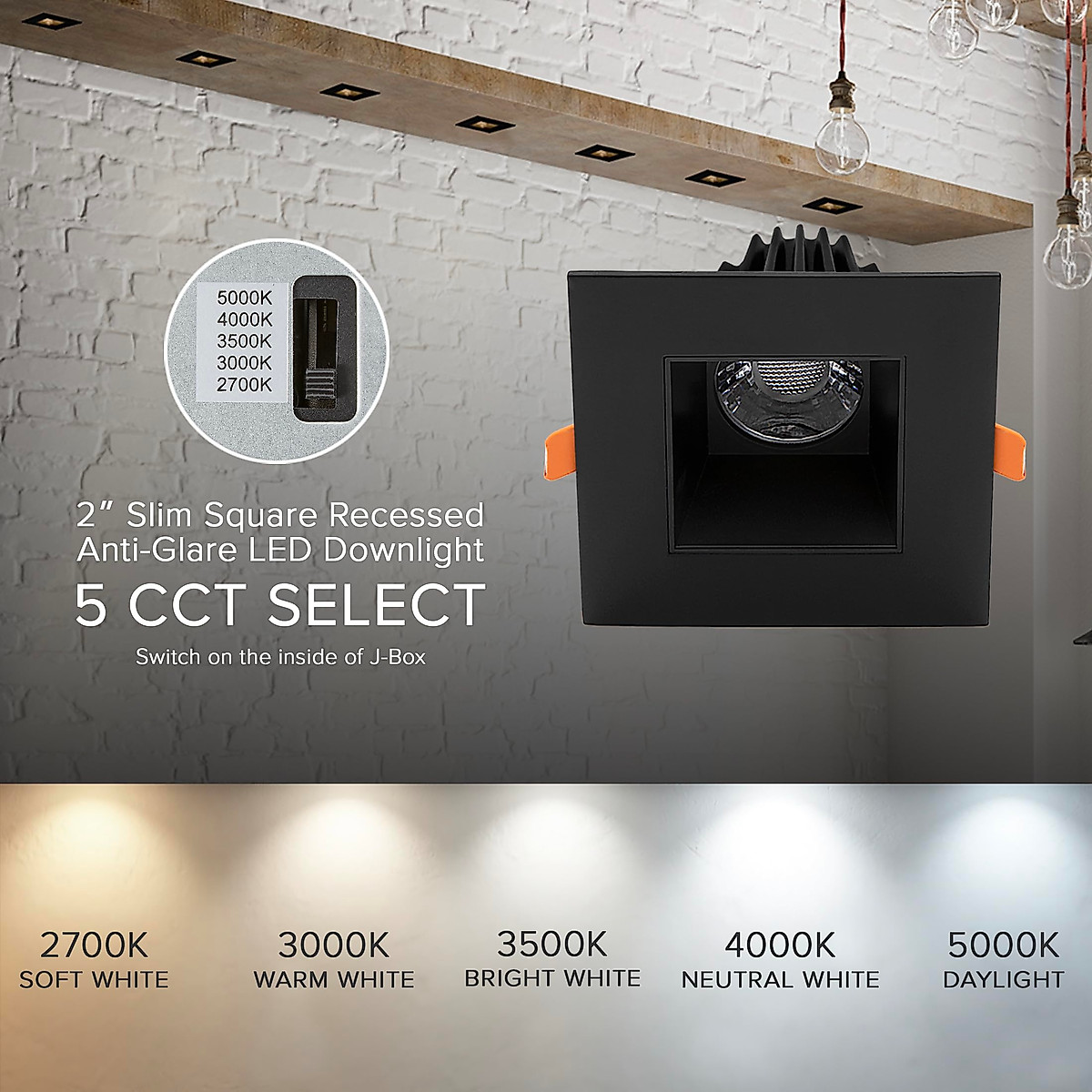 Maxxima 2 in. Ultra-Thin Square Recessed Anti-Glare LED Downlight, Canless IC Rated, 450 Lumens, 5 Color Temperature Selectable 2700K/3000K/3500K/4000K/5000K, Dimmable, Black Trim, 90 CRI, J-Box Incl