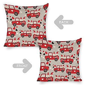 Valentine's Day Truck Throw Pillow Covers 18×18 Pillowcases Set of 2 Cute Gnome Heart Linen Decorative Square Pillow Case Cushion Covers Standard Size for Sofa Couch Outdoor Bed Pillow Protectors