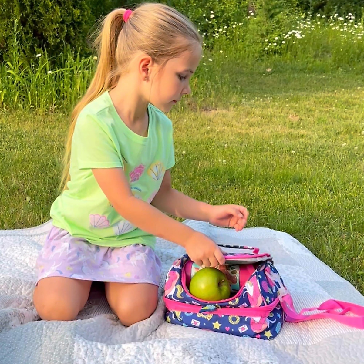 Life on track Insulated Kids Double Decker Lunch Bag Tote Pack for Girls Boys Toddler School Picnic Food Cooler Hot Water Ice with Strap (Blue Unicorn)