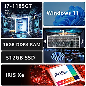 KUU Laptop Computer, 16GB RAM 512GB SSD Gaming Laptop, i7-1185G7, 15.6 Inch Laptop, Windows 11 Pro, WiFi 6E, Type-C, RJ45 and Backlit Keyboard, Fingerprint Unlock