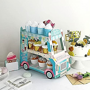 BalsaCircle 16-Inch Blue with Pink 3 Tier Cardboard Ice Cream Truck Cupcake Dessert Stand Wedding Party Events Decorations Supplies