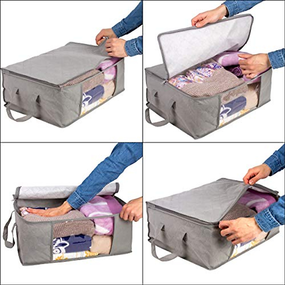 Ecomigo Foldable Storage Bag Organizers - Large Clear Window, Reinforced Carry Handles, Sturdy Zipper - Perfect for Clothes, Blankets, Bedrooms, Closets and More (3-Pack, Gray)