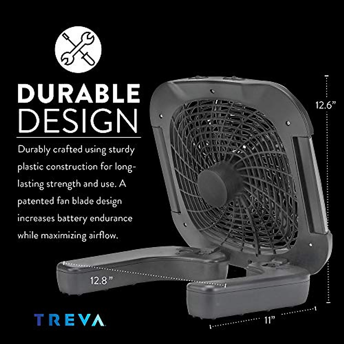 Treva 10-Inch Portable Desktop Air Circulation Battery Fan, 2 Speed, Compact Folding & Tilt Design Fan With Adjustable LED Lights