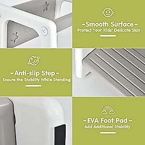 Costzon Kids Kitchen Step Stool with Double Safety Rails, Toddler Learning Stool with 3 Adjustable Heights and Non-Slip Foot Pads, Toddler Tower for Kitchen Countertop and Bathroom (Gray)