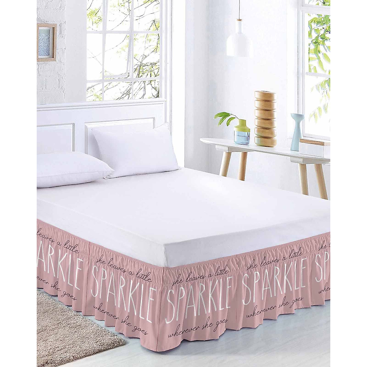 Blush Pink Positive Bed Skirt Queen Size 16 Inch Drop, Adjustable & Elastic Wrap Around Bed Skirts Pleated Luxury Dust Ruffles for Twin Full Queen Cal King Base Bed, Black White Energy Word