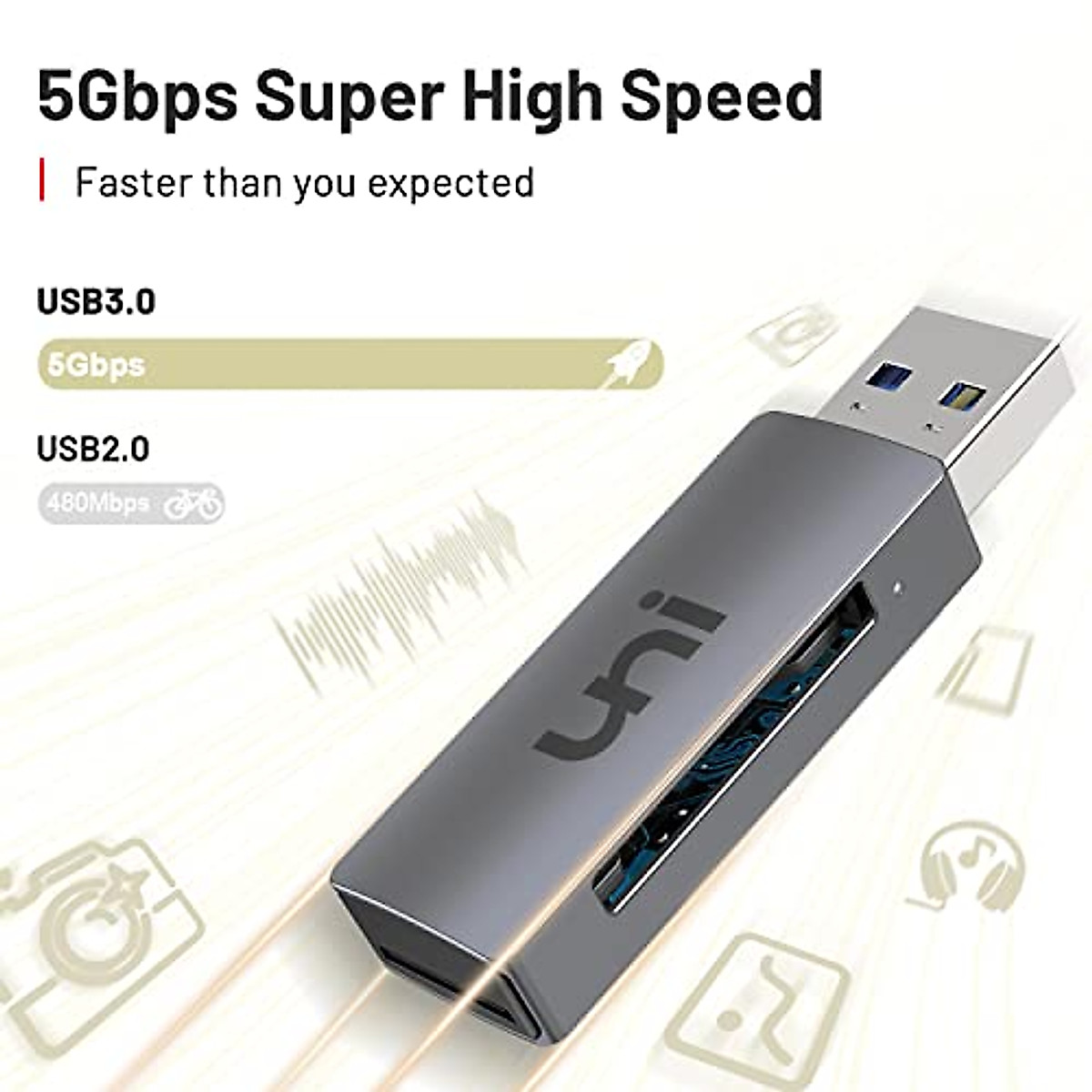 SD Card Reader, uni Micro SD Card Adapter, Mini-Size Aluminum USB 3.0 SD Card Reader Support SD, SDXC, SDHC, MMC, Micro SDXC, Micro SD, Micro SDHC and UHS-I Card, Compatible with Mac/Win/Linux
