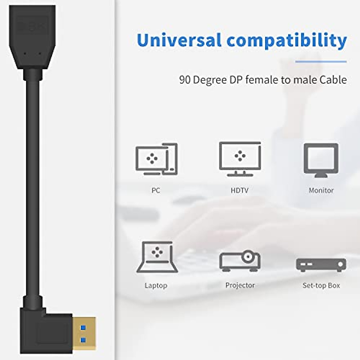 Poyiccot Right Angle Displayport 1.4 Cable, 90 Degree Displayport Extension Cable (8K/60Hz, 4k/144Hz), Short Displayport Male to Female DP 1.4 Cable Cord, Display Port 32.4Gbps for PC, Laptop, 15cm