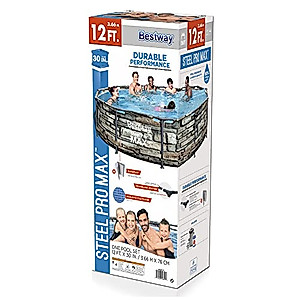 Bestway 56817E 12' x 30" Steel Pro Max Round Steel Frame 5-Person 1,710 Gallon Above Ground Swimming Pool Kit with Filter Pump and Filter, Stone Print