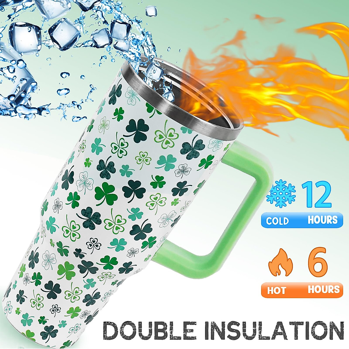 Nqhsionv St Patricks Day Tumbler with Handle 40 oz Green Lucky Shamrock Coffee Travel Mug Stainless Steel Insulated Cup Irish Saint Patricks Decor Gifts