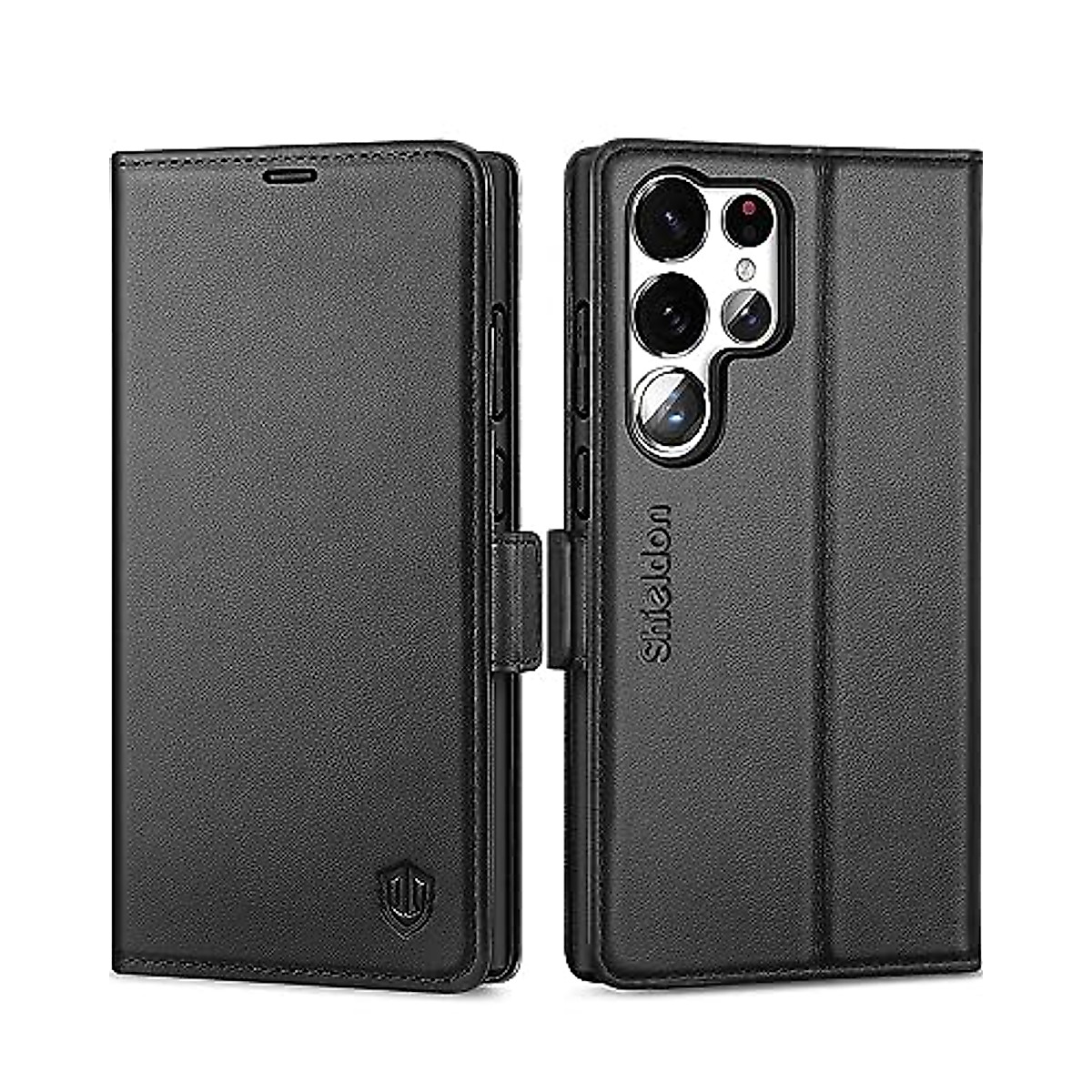 SHIELDON Wallet Case for Galaxy S23 Ultra 5G, Genuine Leather Case Kickstand RFID Blocking Credit Card Holder Shockproof Protection Magnetic Cover Compatible with Galaxy S23 Ultra 6.8" 2023 - Black