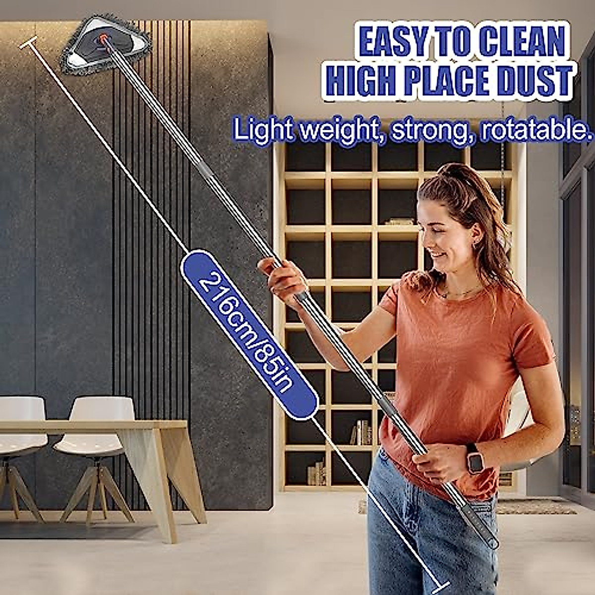 85 Inch Wall Cleaner Mop with Long Handle, 360° Rotatable Wall Washer Cleaner Tool Dust Mop with Extension Pole 25" to 85", Baseboard Wall Mop for Window Cleaning Ceiling Floor (Grey)