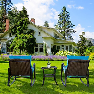 domi outdoor living 3 Pieces Bistro Set Outdoor Rocking Chairs All Weather Patio Wicker Furniture Set with Thickened Cushion and Glass Top Coffee Table for Yard,Bistro (Blue)