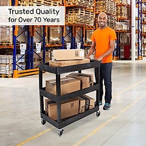 Stand Steady Tubstr 3 Shelf Utility Cart | Heavy Duty Service Cart Supports Up to 400 lbs | Tub Cart with Deep Shelves | Great for Warehouse, Garage, Cleaning, Office & More (32 x 18 / Black)