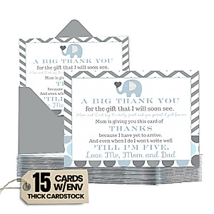 Paper Clever Party Blue Elephant Baby Shower Thank You Cards with Envelopes Blank Notes Prefilled Message Boys Personalize for Registry Gifts Cute Jungle Animal Set 4x6, 15 Pack Printed