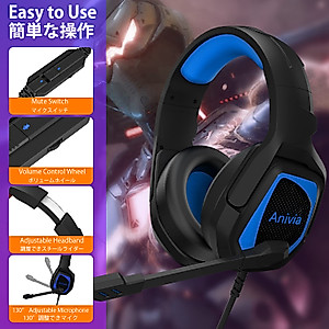 Anivia Gaming Headset with Microphone, Noise Cancelling Stereo Wired Headset Compatible with PC, PS4, PS5, Xbox One, Laptop, Nintendo NES, Over-Ear 3.5mm Headphones with Mic Blue
