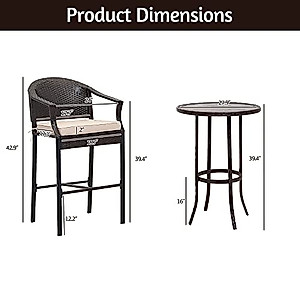 IJIALIFE Outdoor Wicker Bar Stools, 3 Pcs Patio Bar Height Bistro Chair Outdoor Patio Furniture Sets Wicker Conversation Set for Backyard Balcony Poolside,White
