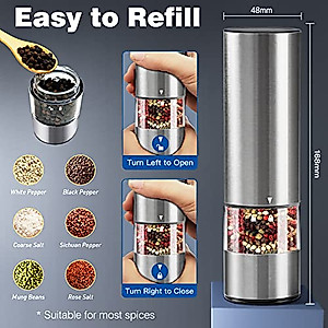 Rechargeable Electric Salt and Pepper Grinder Set - Stainless Steel, with USB Type-C Cable, LED Lights, Automatic Modern Electric Pepper Mill, 2 Adjustable Coarseness Mills, One Hand Operation
