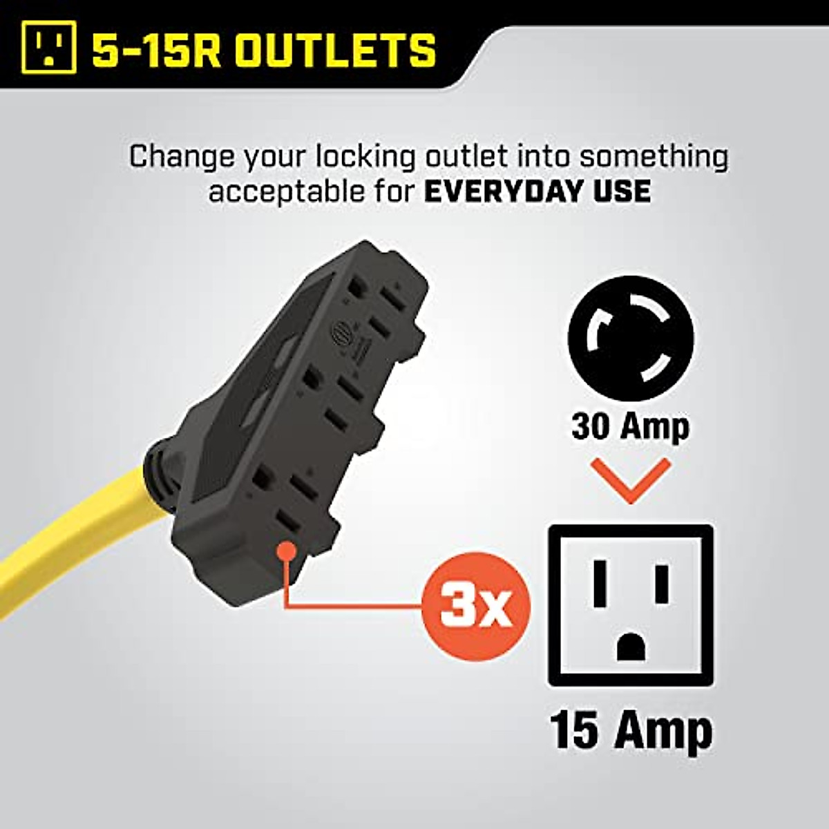 Champion Power Equipment 48034 25 ft. 30A 125V Generator Power 3750 Watts (L5-30P to Three 5-15R) Extension Cord, yellow