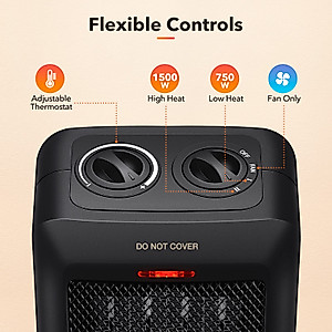 Portable Electric Space Heater - 1500W/750W Ceramic Room Heater with Tip Over and Overheat Protection, 200 Square Feet Fast Heating for Indoor Desk Office Floor, Black