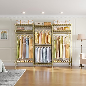 VIPEK V5i Garment Rack Heavy Duty Clothes Rack, Portable Closet Wardrobe Bedroom Armoires Freestanding Clothing Rack with 8 Adjustable Shelves & 4 Hang Rods, 68.9" L x 15.7" W x 76.4" H, Gold