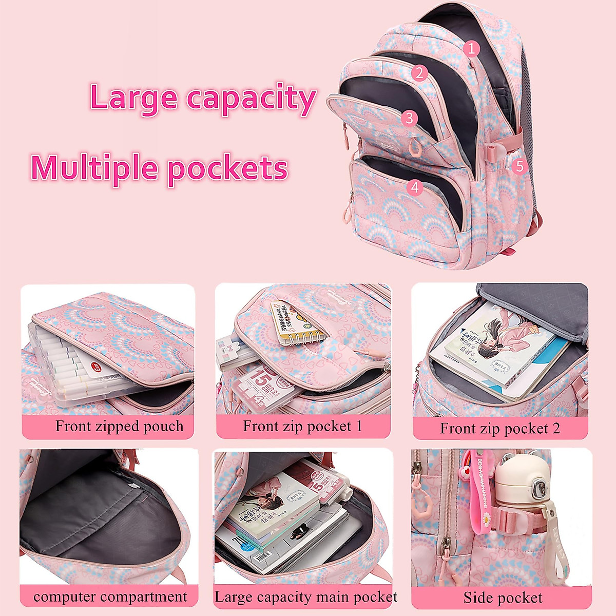 Girls Rolling Backpack Elementary Student Outdoor Travel Trolley Bag Bookbag with Wheels