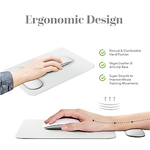HABITU Vegan Leather White Mouse Pad with Removable Magnetic Wrist Support & Anti-Slip Base, Ergonomic Mouse Pad with Wrist Rest, Cute Office Desk Accessories for Women and Men