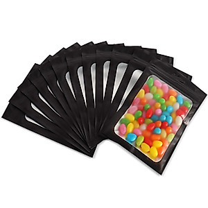 Bezall 100Pcs Mini Resealable Mylar Bags with Window, Smell Proof Zip Lock Food Storage Bags Foil Pouch for Packaging Small Business Candy Sample Jewelry (Black, 3x4.7 Inches)
