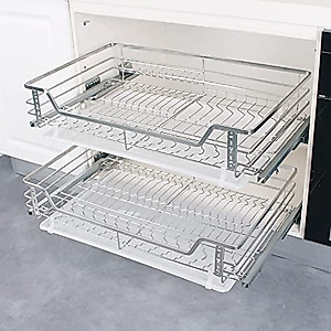 Pull Out Cabinet Drawer Organizer Heavy Duty Telescopic Double Tier Wire Basket Slide Out Shelf Storage 304 Stainless Steel Slide Out Cabinet Organizer for Cupboard, Pantry, Chrome (49W*42D*13H(cm))