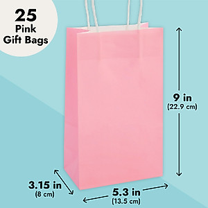 BLUE PANDA 25 Pack Gift Bags with Handles 5.3x3.2x9 Inches, Small Kraft Paper Bag for Birthday, Wedding Party Favors (Pink)