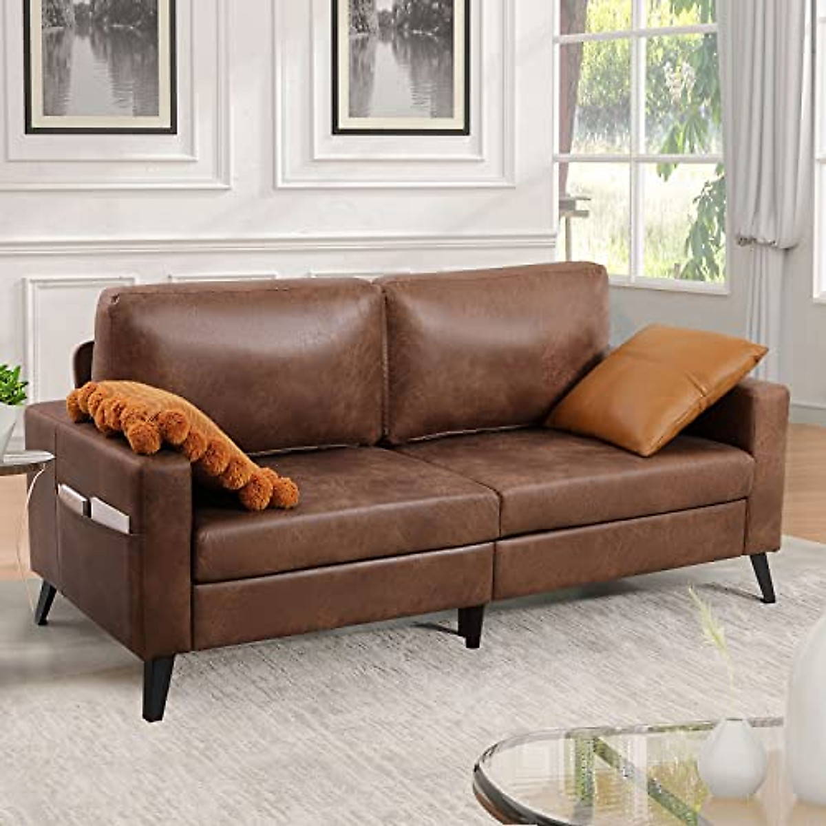 Esright Leather Sofa Couch, Faux Leather Couch 79" Wide, Mid Century Modern Couches for Living Room, Brown Leather Sofa Couch, Saddle Brown